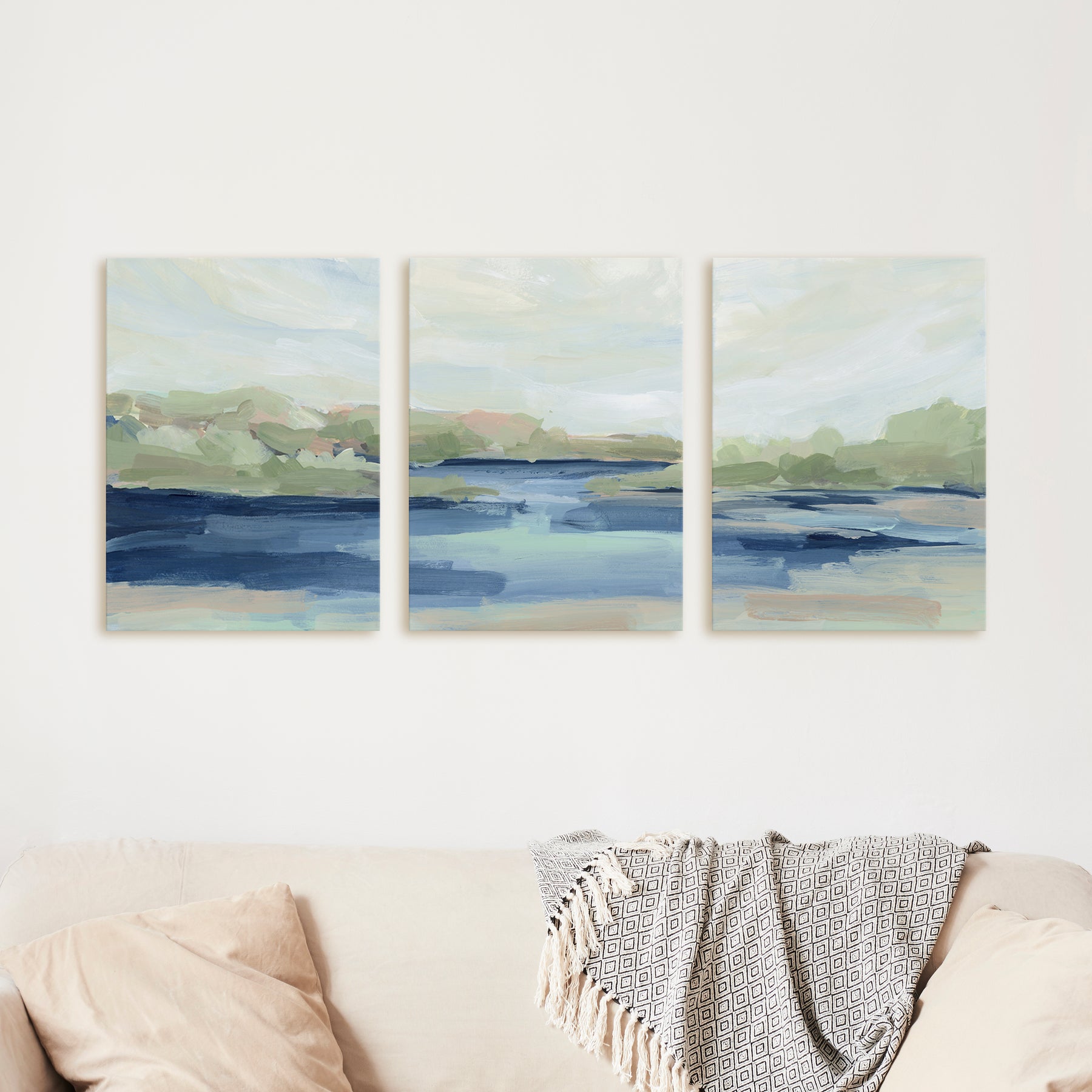 Shoreside Memories - Set of 3 | Framed Lake Abstract Landscape Art ...