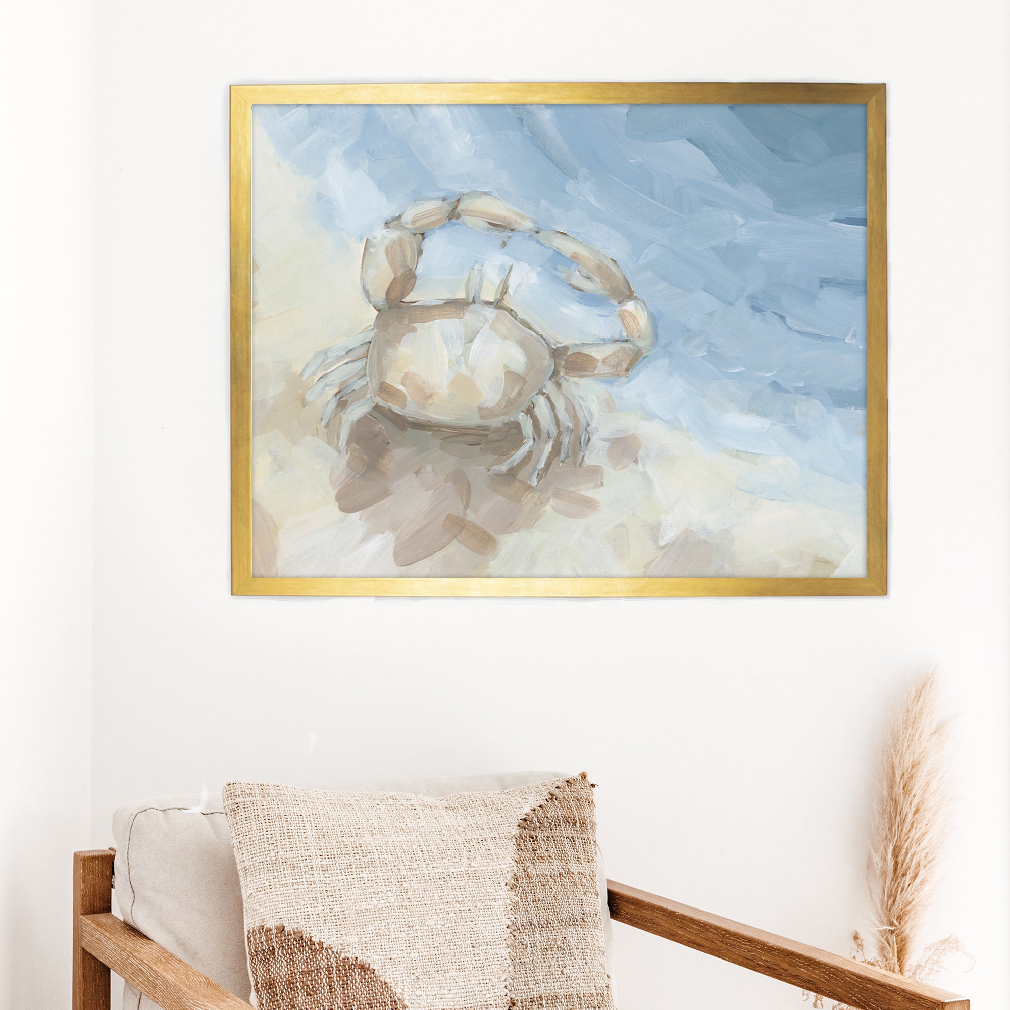 Crab in the Sand | Blue and Beige Cream Modern Coastal Framed Art ...