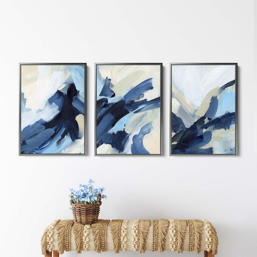Rough Seas Abstract - Set of 3 | Blue & White Modern Painting Triptych ...