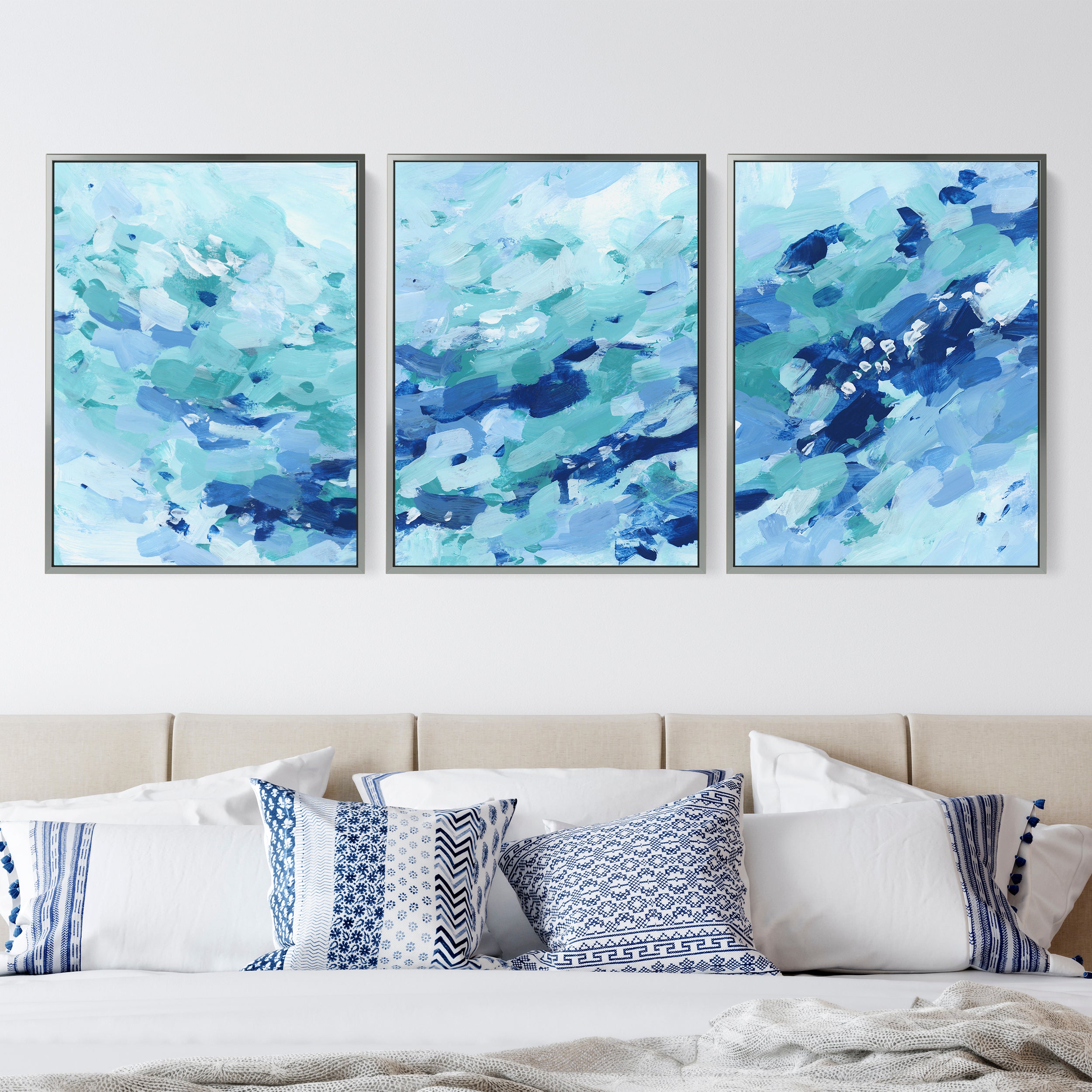 Mediterranean Mist Triptych - Set of 3 | Abstract Turquoise Blue Print ...