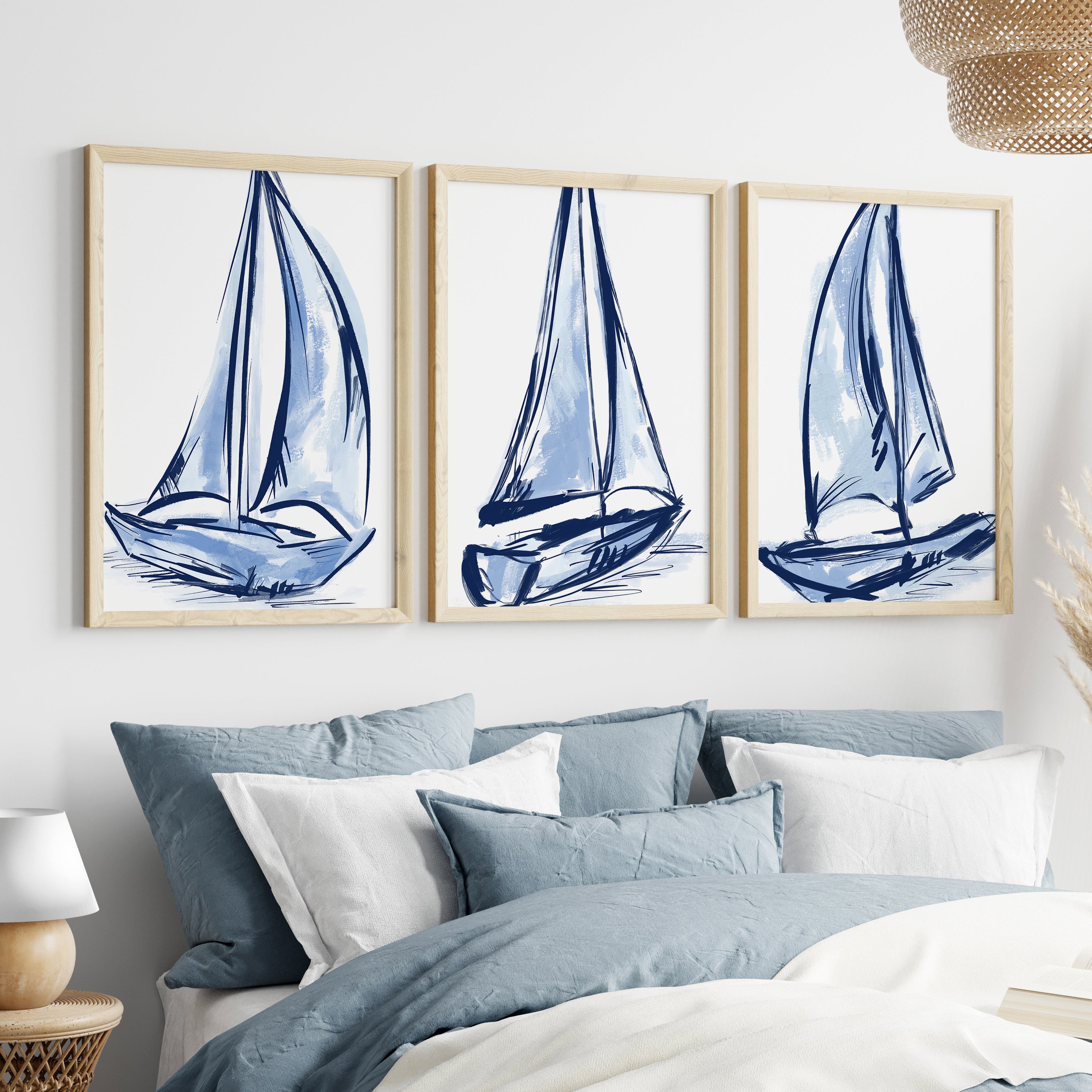 Sail Ahead Triptych - Set of 3 | Modern Nautical Blue Wall Artwork ...